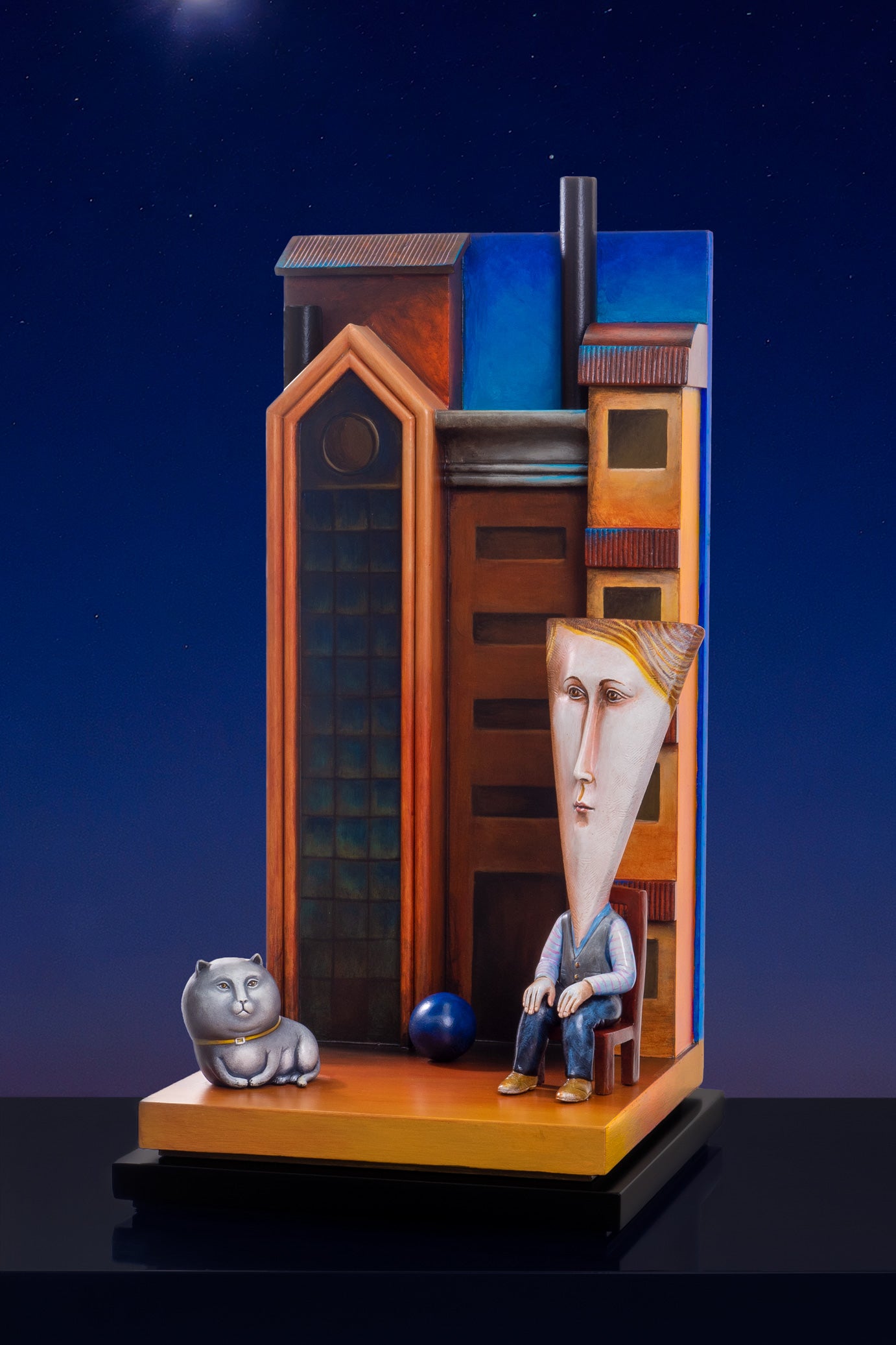 Scenario 3, boy sitting with cat – Galerías Sergio Bustamante